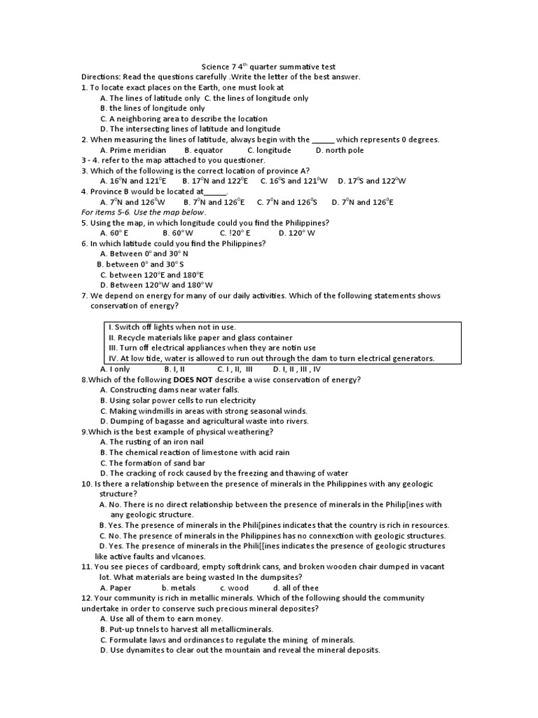 Science 7 4th Quarter Summative Test | PDF | Longitude | Latitude