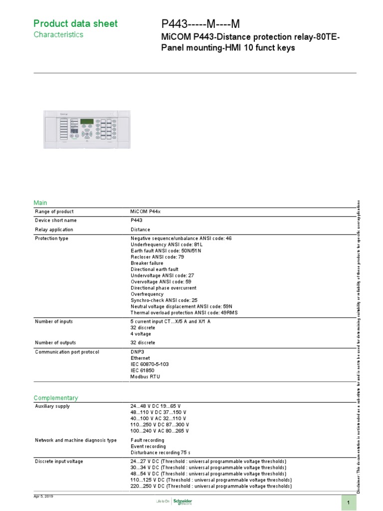 Product Data Sheet: Micom P443-Distance Protection Relay-80Te-Panel ...