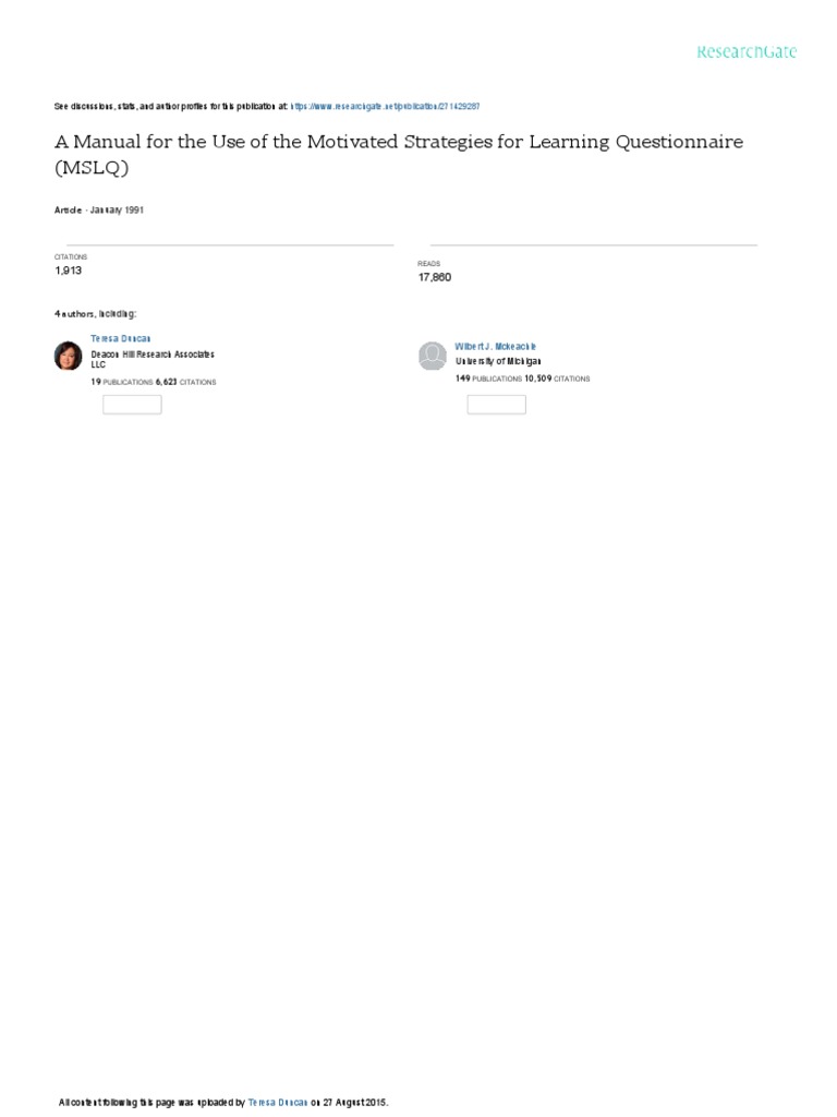 A Manual For The Use of The Motivated Strategies For Learning ...