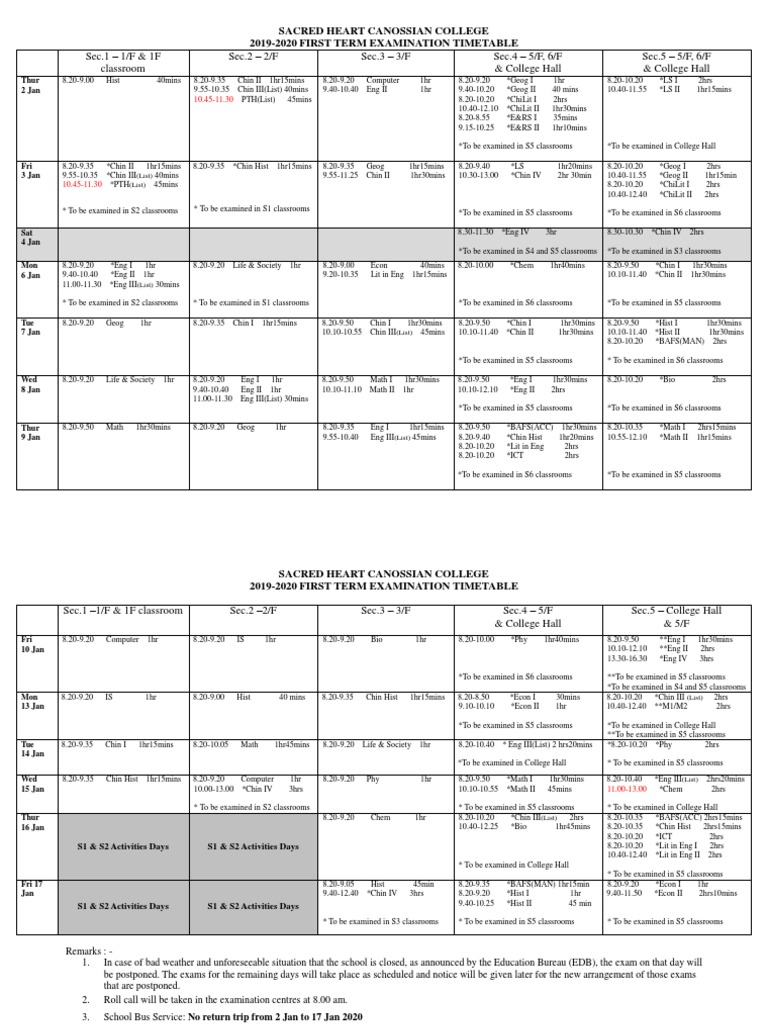 S1 S5 First Term Examination Timetable 1920 3 PDF | PDF