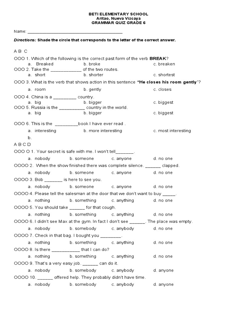 Directions: Shade The Circle That Corresponds To The Letter of The ...
