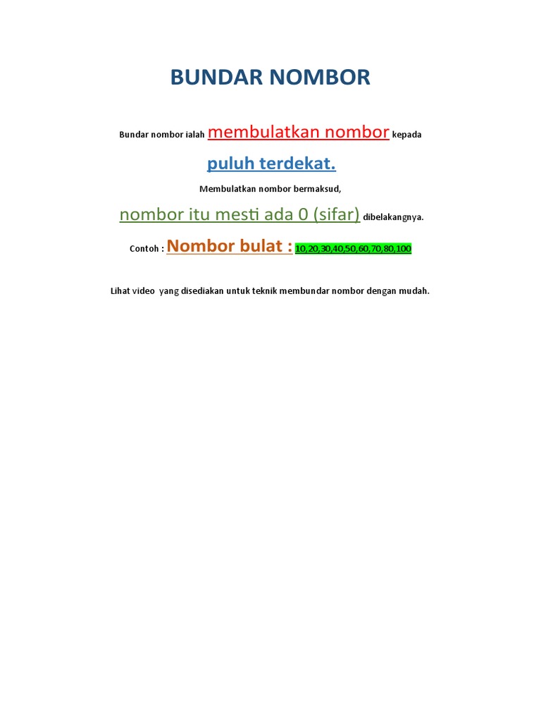 Nota Bundar Nombor Tahun 1 | PDF