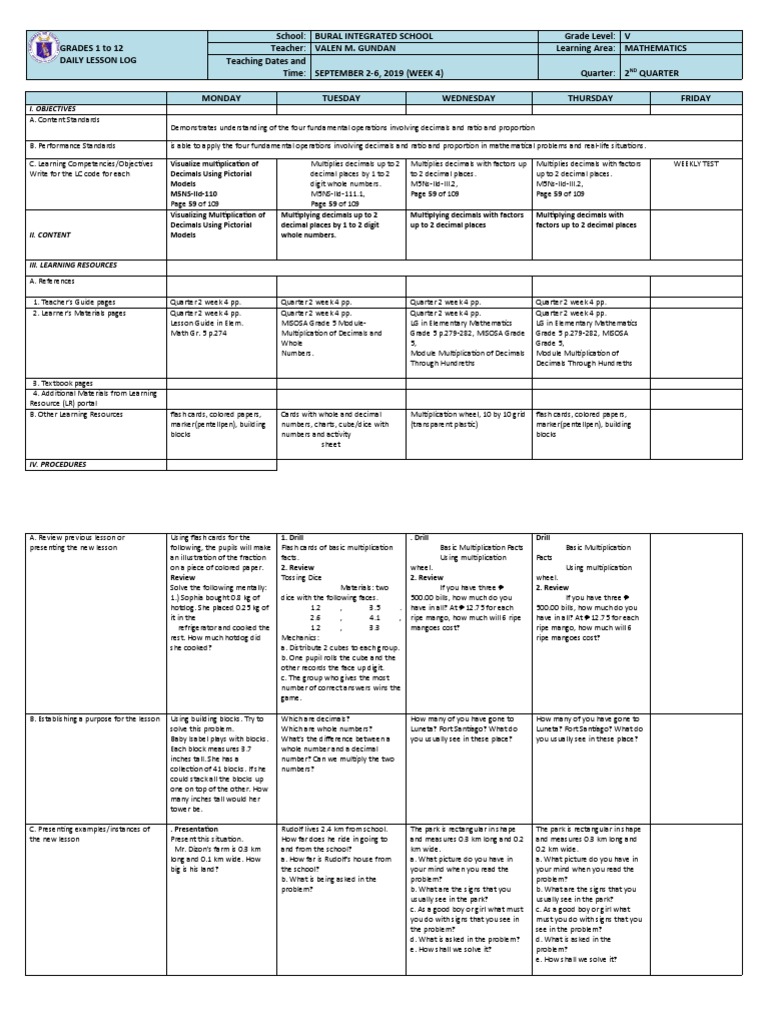 Mathematics 5 - Q2 - W4 DLL | PDF | Multiplication | Numbers