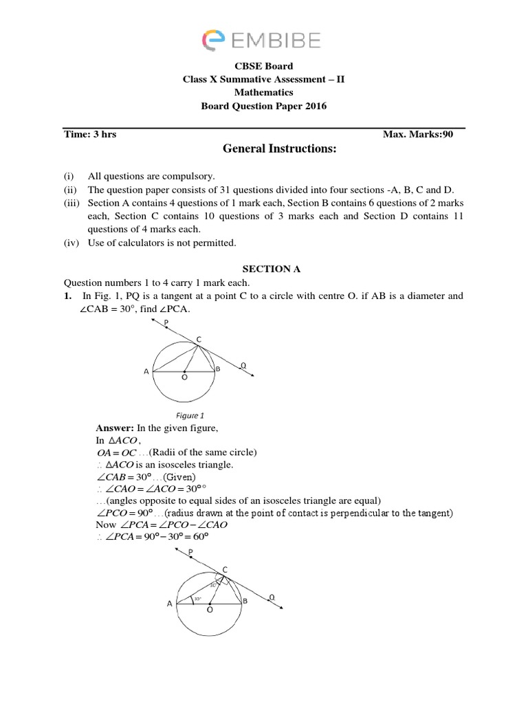 CBSE Class 10 Maths Question Paper 20161 PDF | PDF | Triangle | Circle