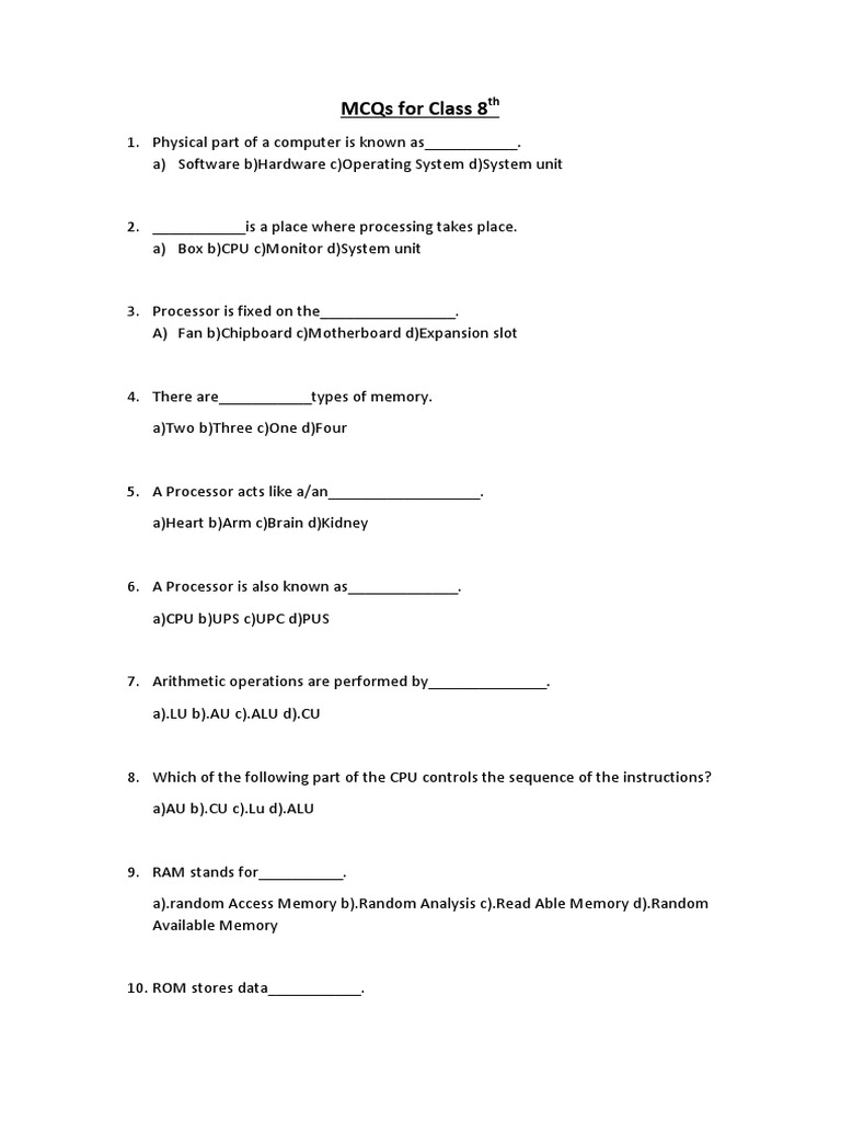 MCQs For Class 8th-New | PDF | Operating System | Computer Data Storage