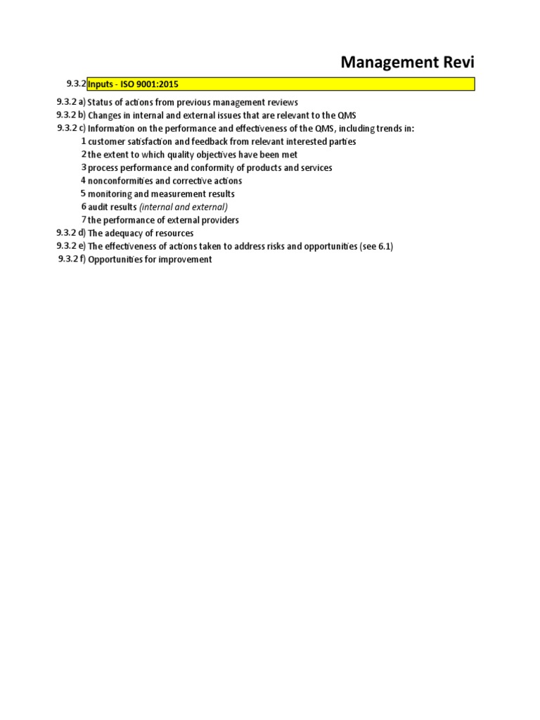 ISO 9001:2015 Management Review Inputs | PDF