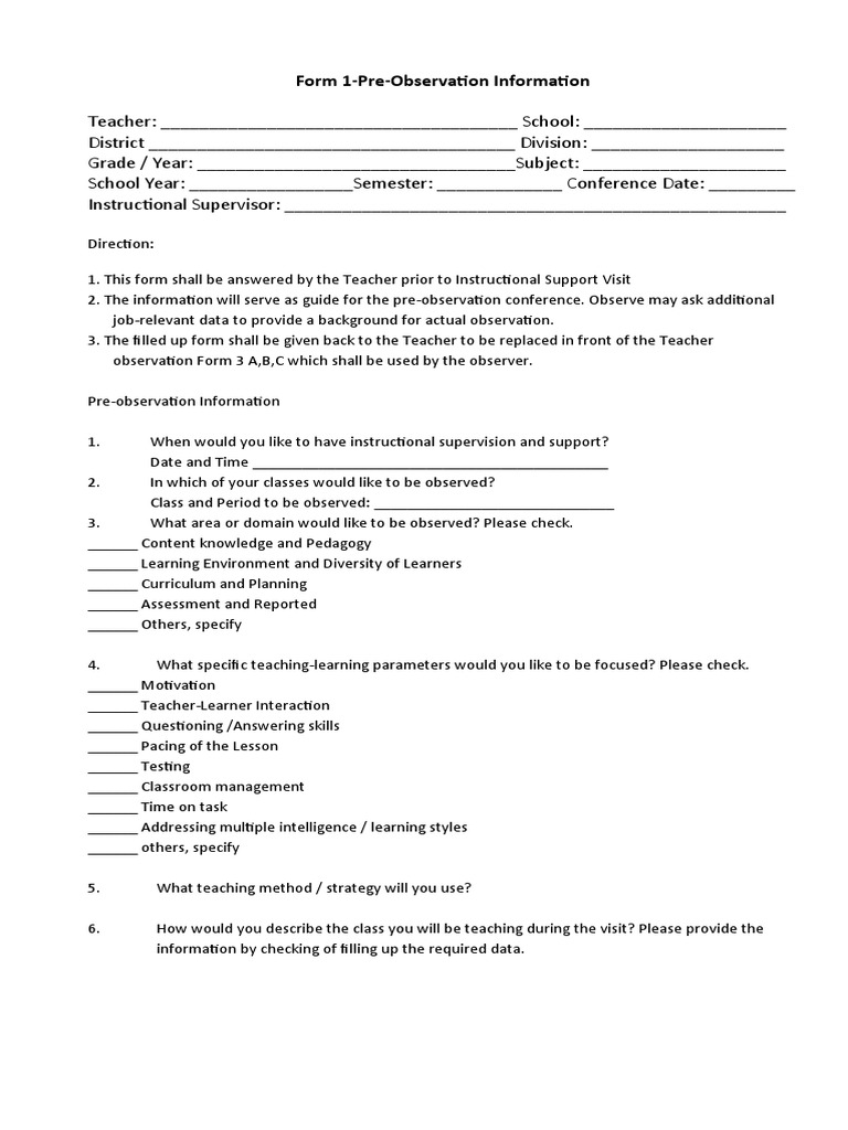 Teacher Pre-Observation Form Guide | PDF | Curriculum | Educational ...