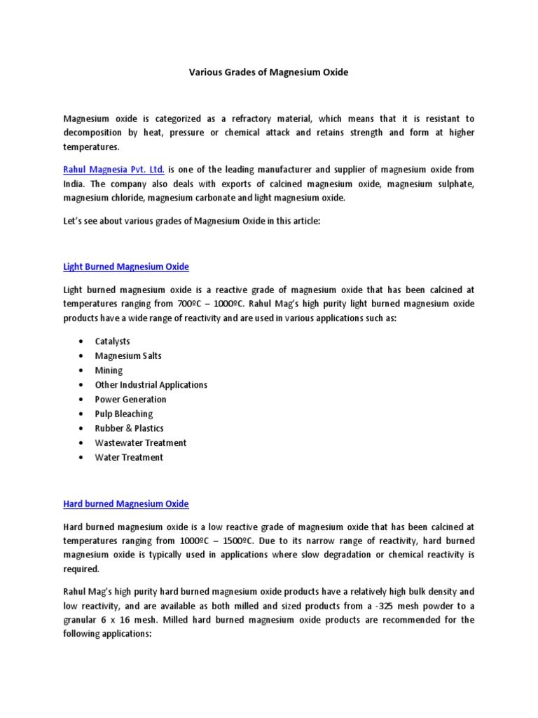 Various Grades of Magnesium Oxide | PDF | Refractory | Magnesium