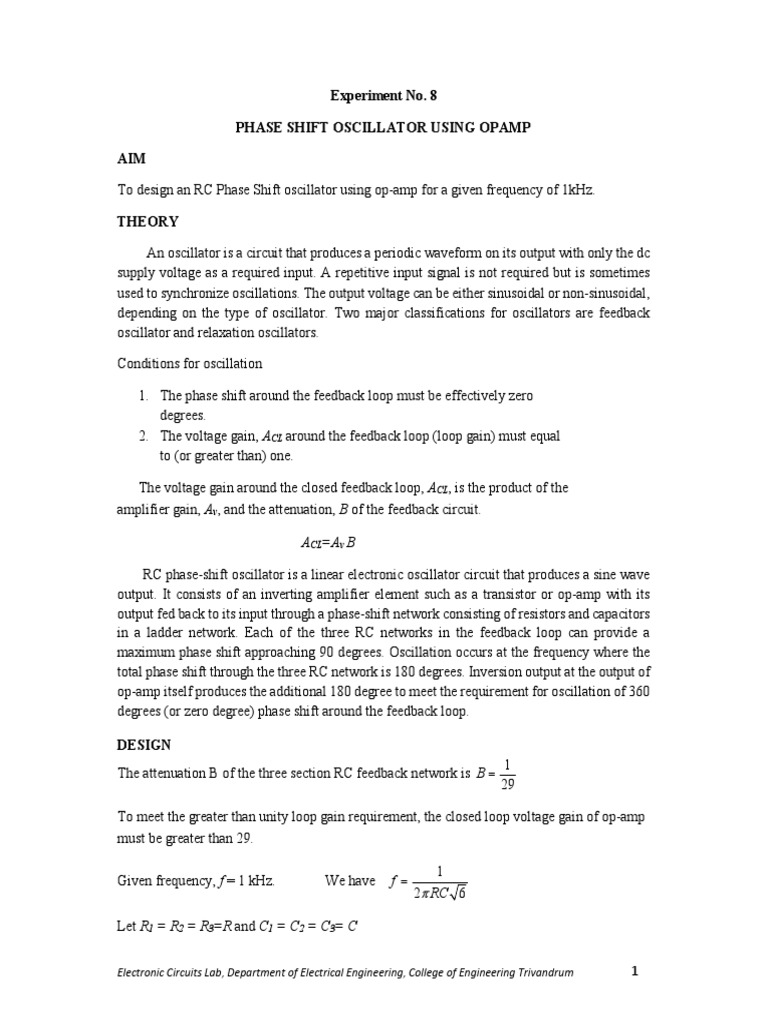 Experiment No. 8 Phase Shift Oscillator Using Opamp AIM | PDF ...