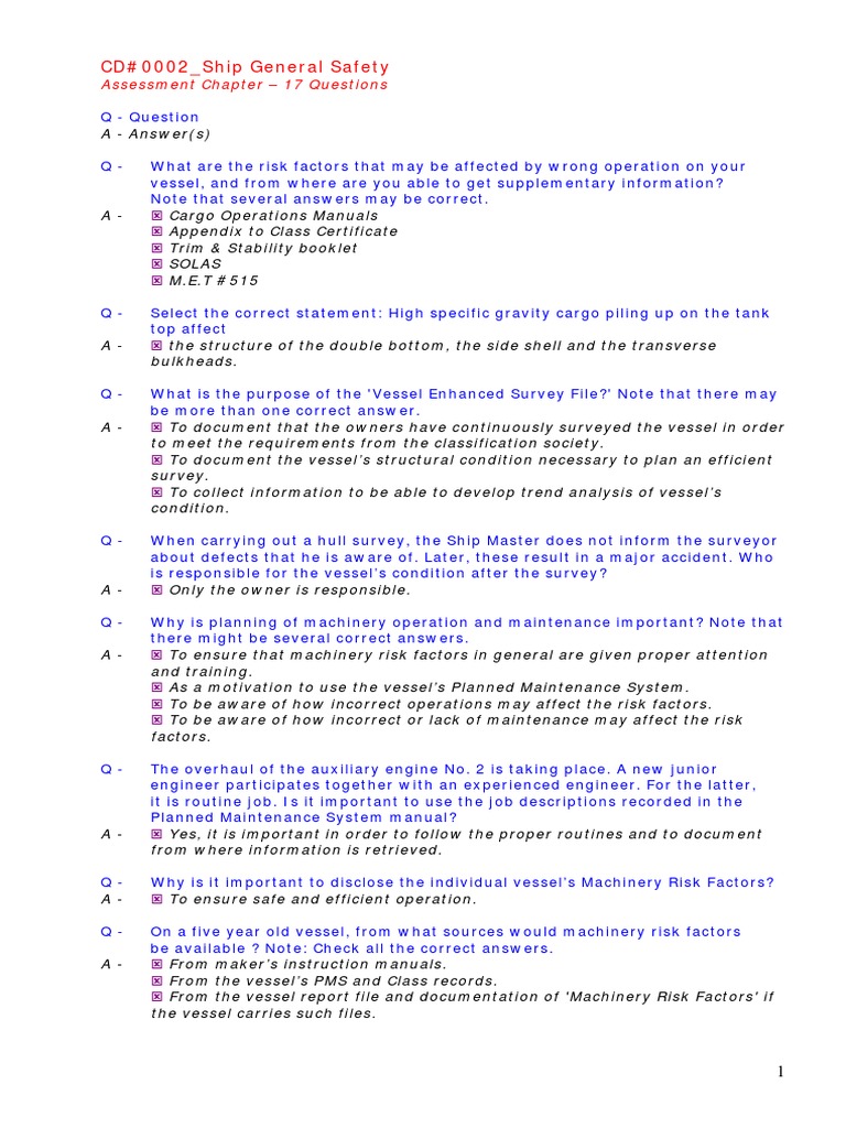 CD#0002 - Ship General Safety: Assessment Chapter - 17 Questions | PDF ...