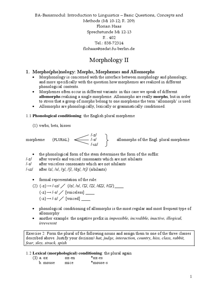Morphology II: 1. Morpho (Pho) Nology: Morphs, Morphemes and Allomorphs ...