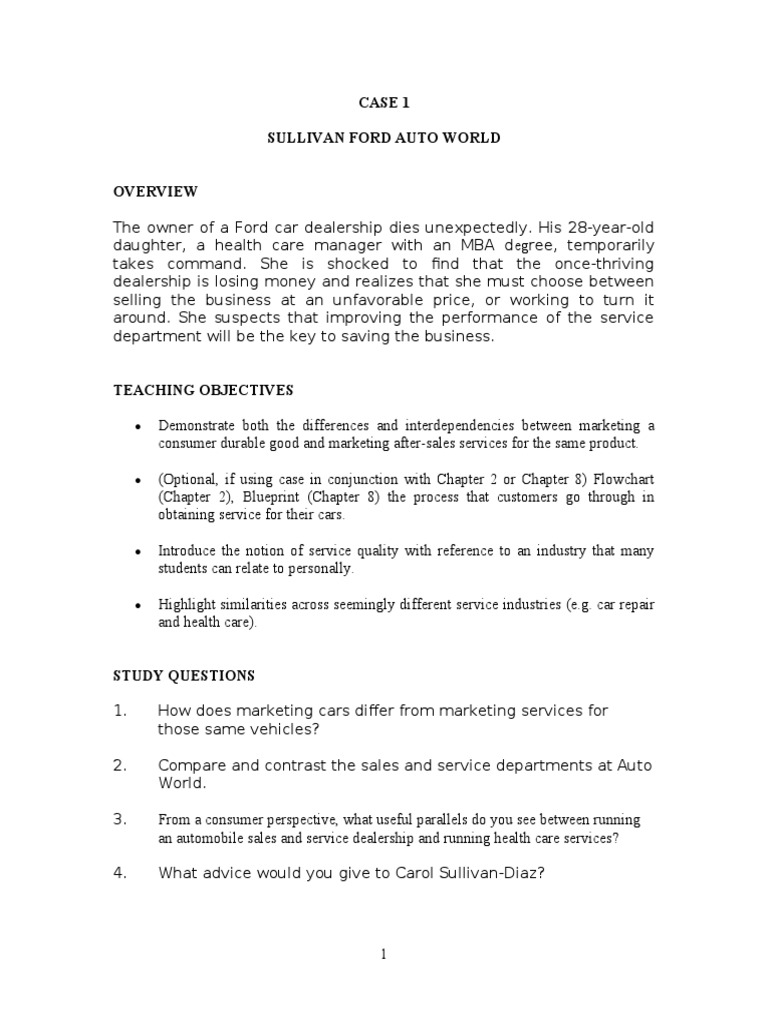 Chapter 1 Case Sullivan Ford Auto World Questions Pdf Sales