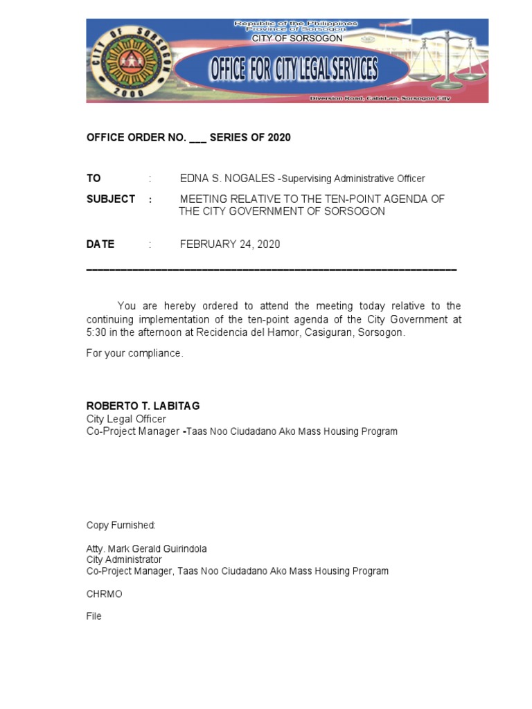 Office Order No. - Series of 2020: Supervising Administrative Officer | PDF