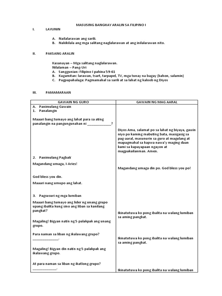 DETAILED LESSON PLAN IN FILIPINO Grade 1 PANG URI | PDF