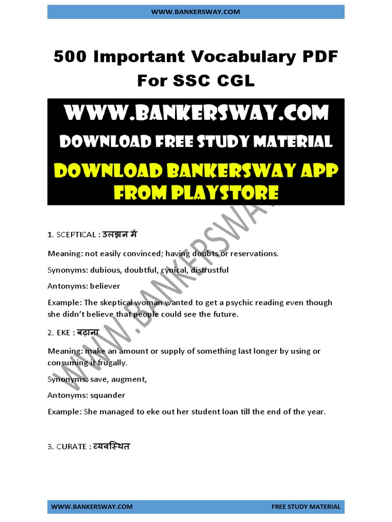 SSC CGL Essential Vocabulary PDF | PDF | Skepticism | Doubt