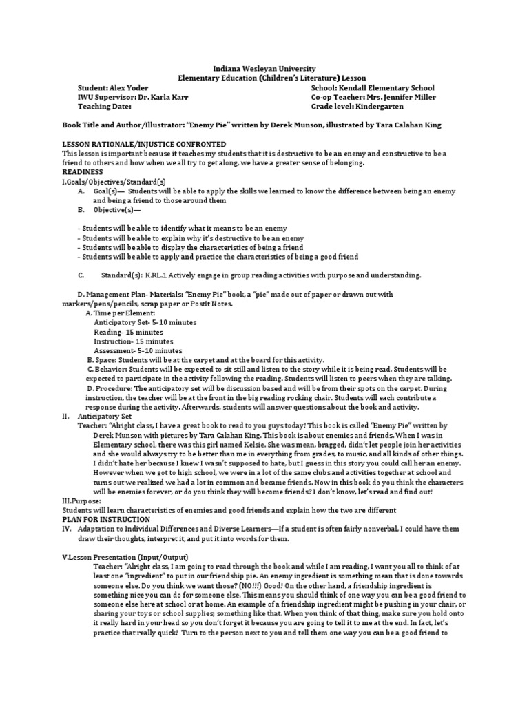 Read Aloud Lesson Plan Enemy Pie All Done | PDF | Teachers | Teaching