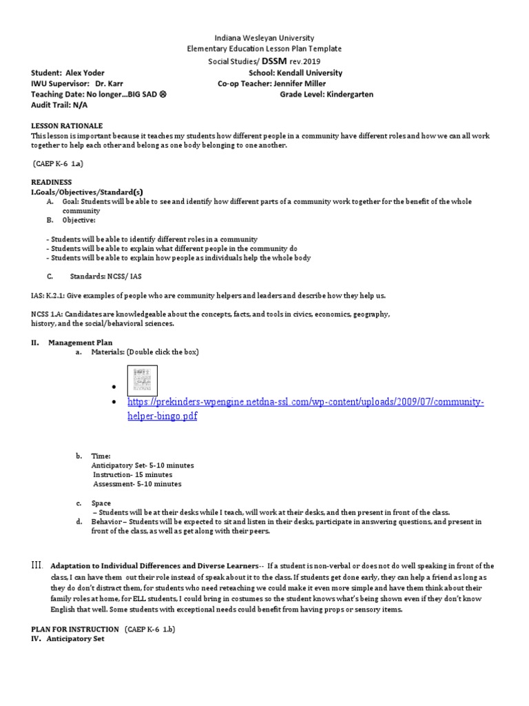 Kindergarten Community Roles Lesson Plan | PDF | Lesson Plan ...