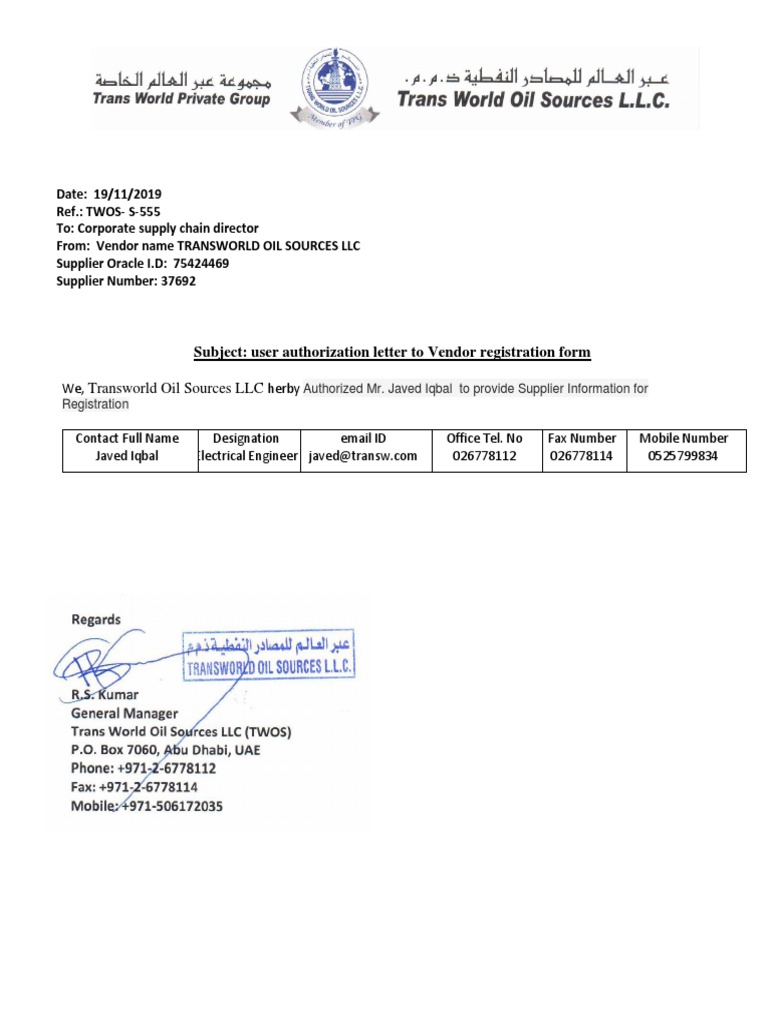 Subject: User Authorization Letter To Vendor Registration Form ...