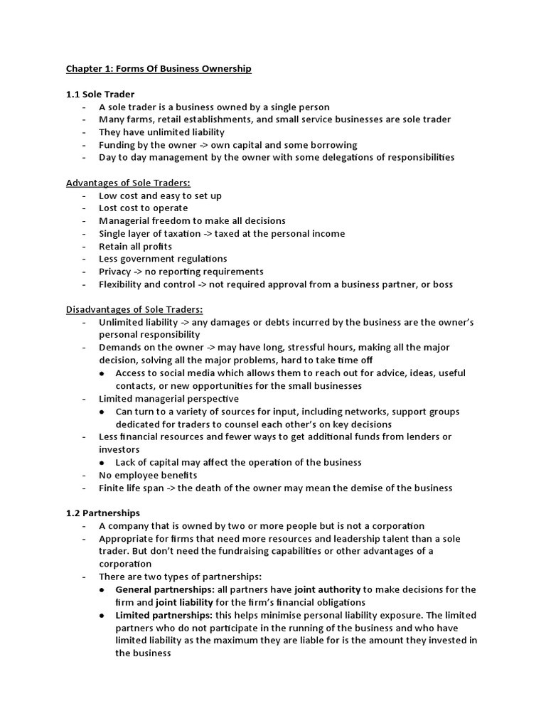 Chapter 1: Forms of Business Ownership 1.1 Sole Trader | PDF ...