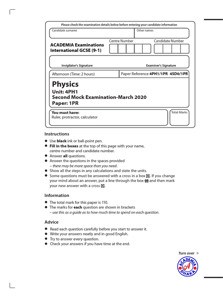 Physics: Unit: 4PH1 Second Mock Examination-March 2020 Paper: 1PR | PDF ...