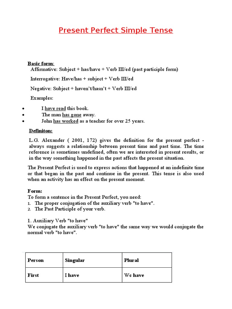 Present Perfect Simple Tense in English | PDF | Perfect (Grammar ...