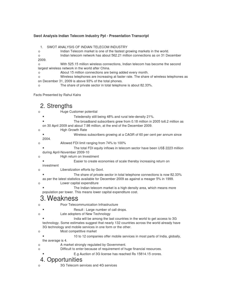 Swot Analysis Indian Telecom Industry | PDF | 3 G | Telecommunication