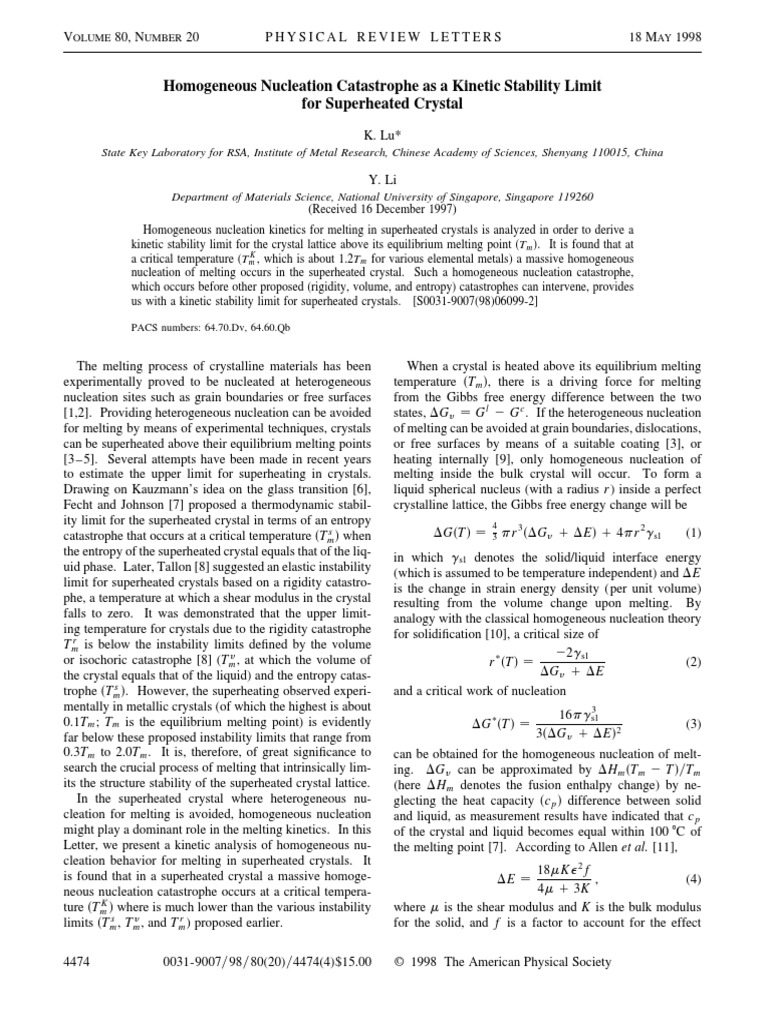 PhysRevLett 80 4474 PDF | Download Free PDF | Melting | Nucleation