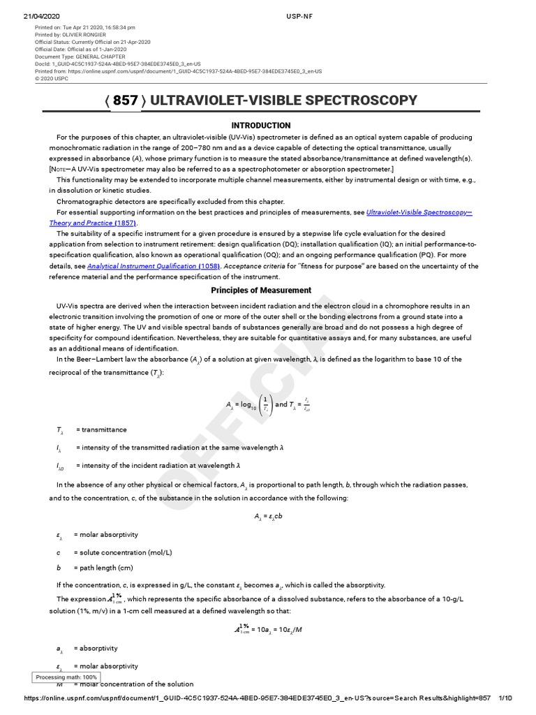 USP-NF 857 UV Spectros PDF | PDF | Ultraviolet–Visible Spectroscopy ...
