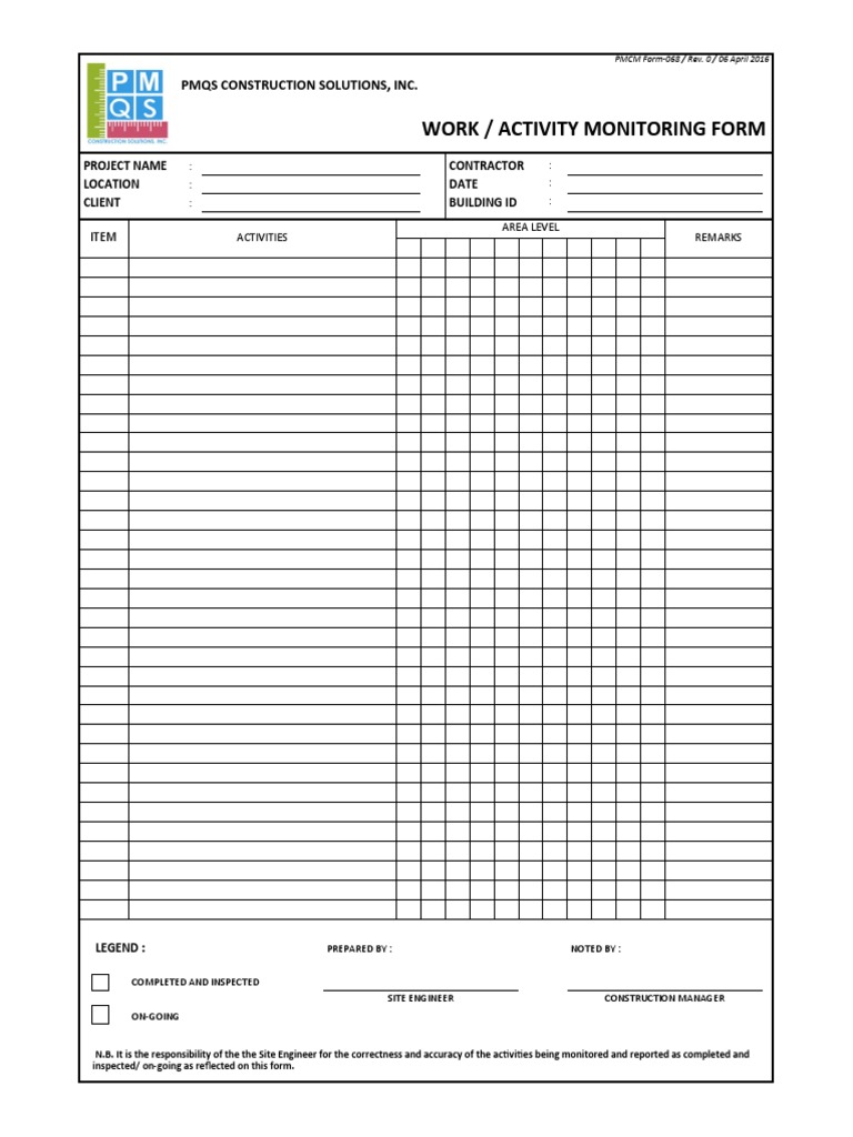 Work / Activity Monitoring Form: Pmqs Construction Solutions, Inc | PDF