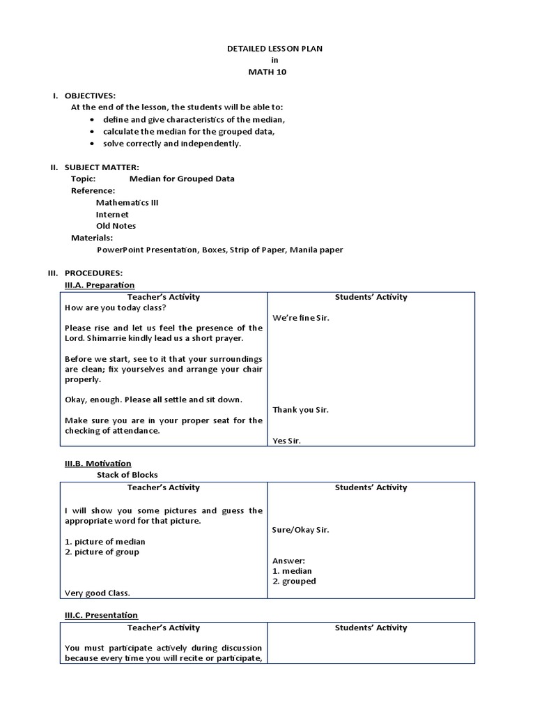Lesson Plan 7 - Median of Grouped Data | PDF | Lesson Plan | Median