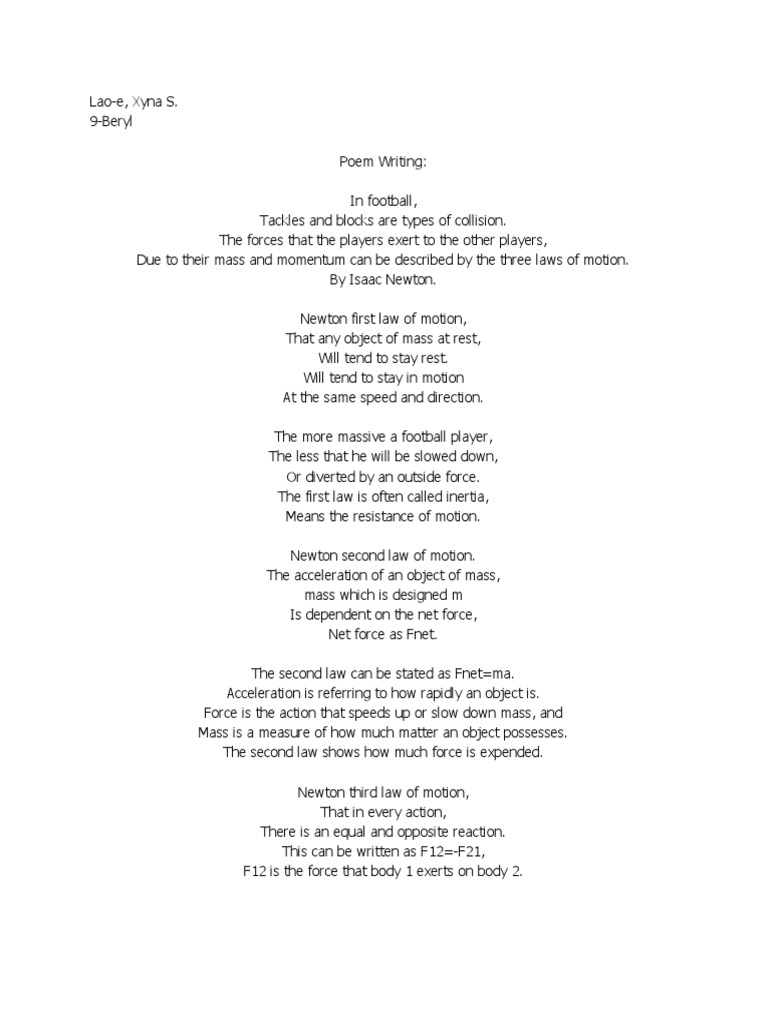 Science Poem | PDF | Newton's Laws Of Motion | Force