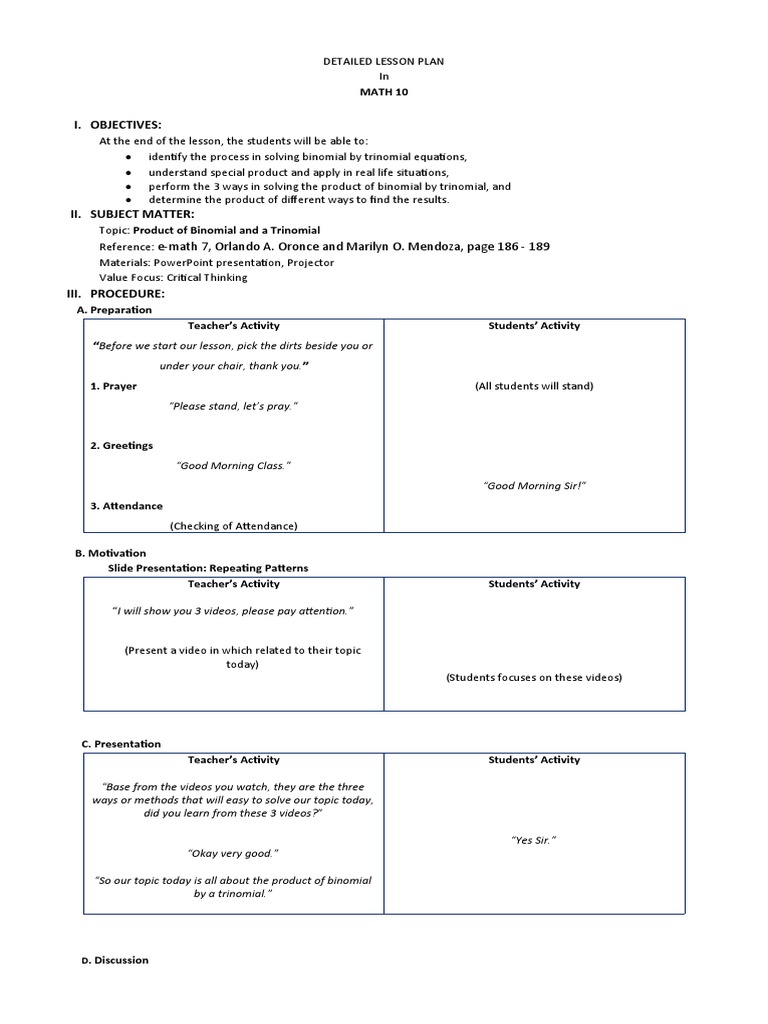 Lesson Plan 6 - Product of A Binomial and A Trinomial | PDF | Lesson ...