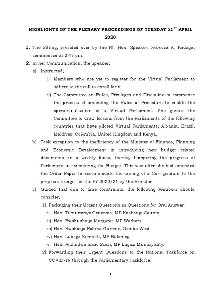 Plenary Highlights 21.04.20 | PDF | Government | Public Sphere