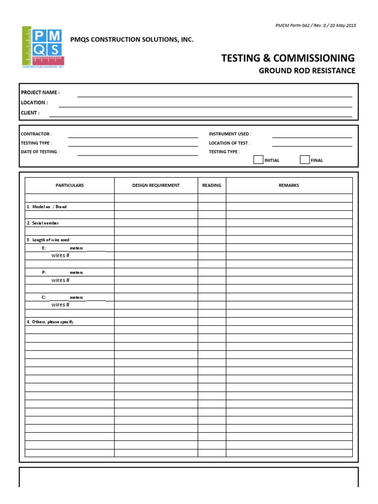 PMCM Form-042 Testing and Commissioning - Ground Rod Resistance | PDF