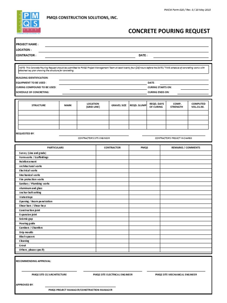 PMCM Form-020 Concrete Pouring Request | PDF | Concrete | Building ...