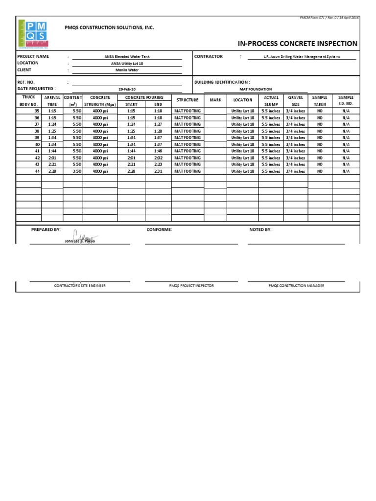 PMCM Form-071 In-Process Concrete Inspection | PDF | Building ...