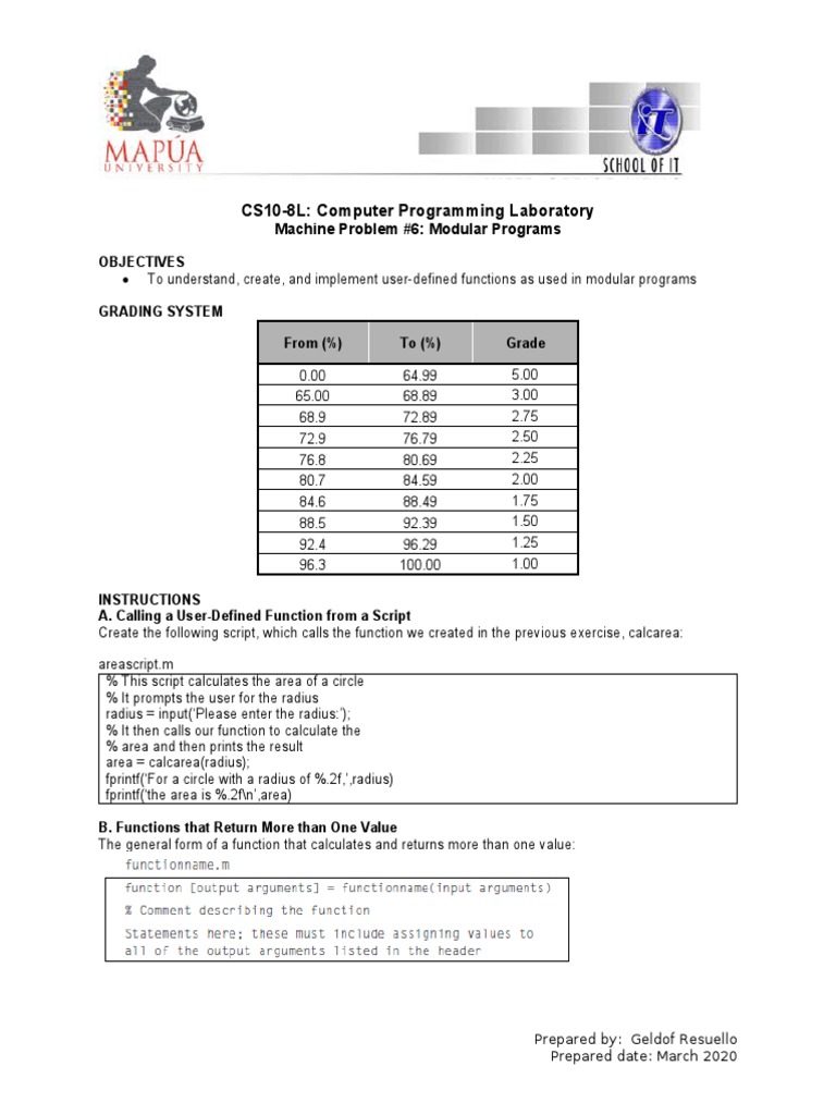 CS10-8L: Computer Programming Laboratory: Machine Problem #6: Modular Programs | PDF | Teaching ...
