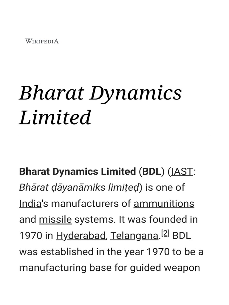 Bharat Dynamics Limited - Wikipedia | Download Free PDF | Military ...