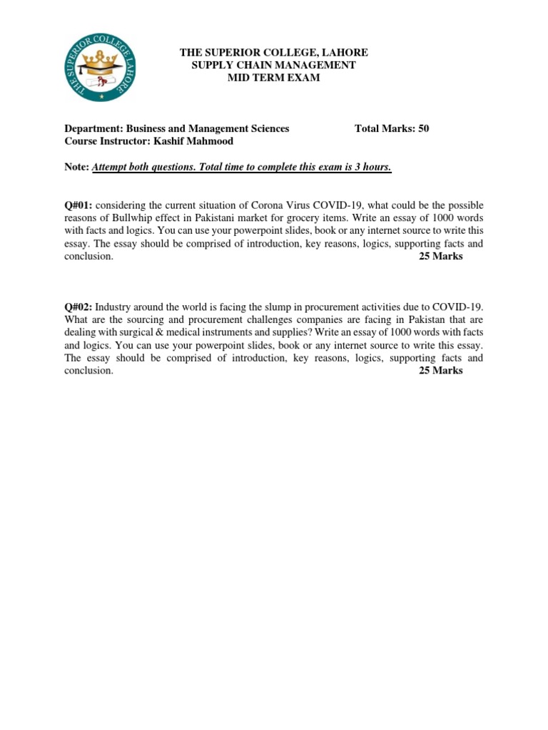 SCM Open Book Mid Term Exam PDF | PDF