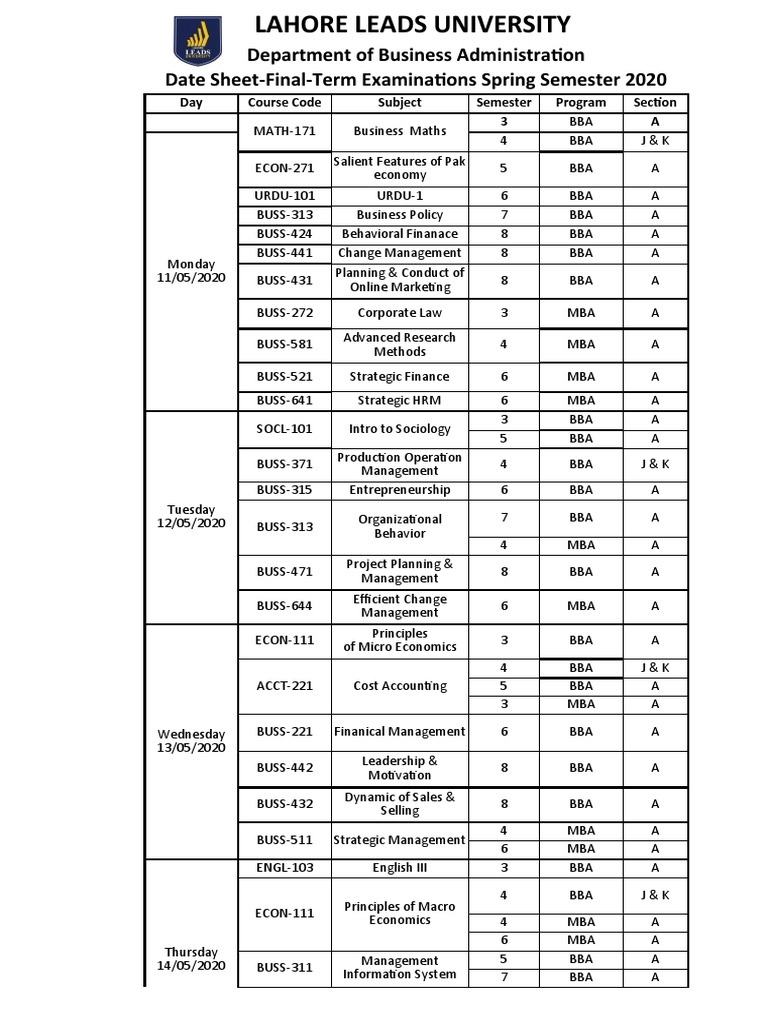 Lahore Leads University Exam Schedule | PDF | Master Of Business Administration | Business