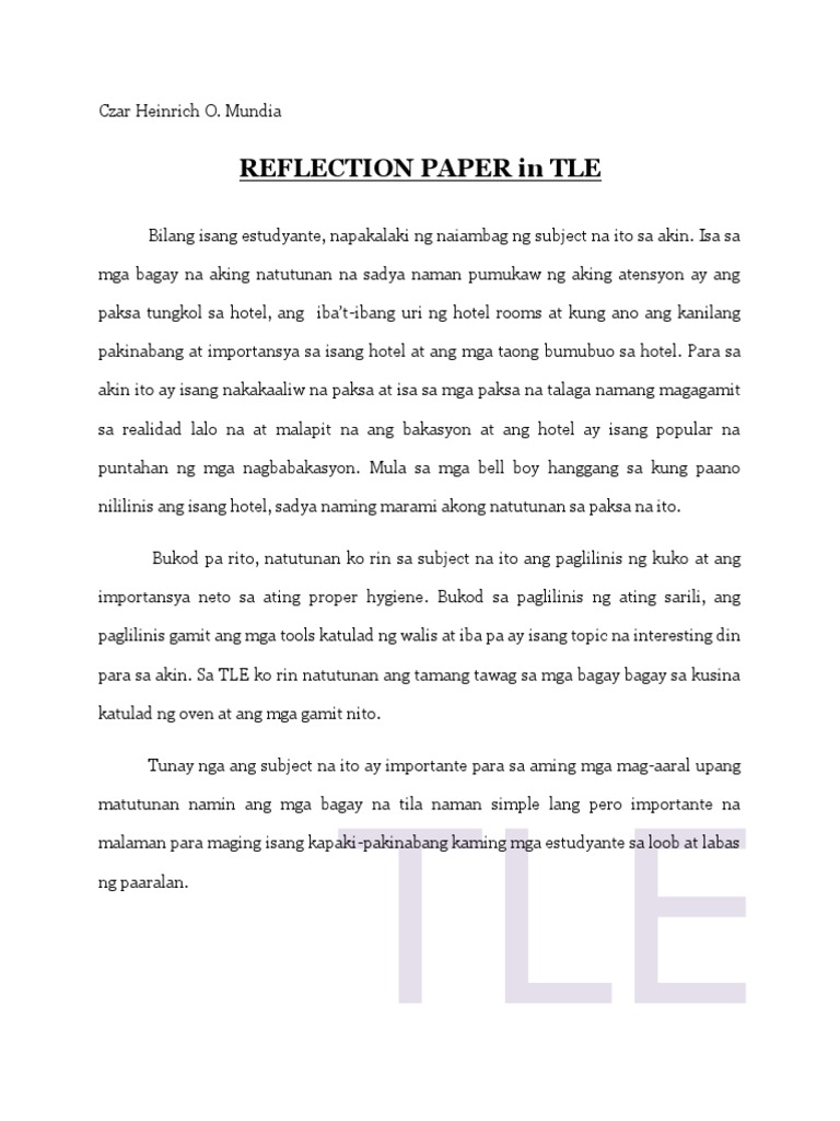 Reflection Paper in TLE - Mundia Czar Heinrich PDF | PDF