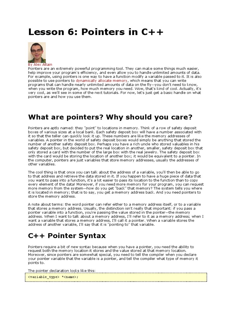 Lesson 6: Pointers in C++: What Are Pointers? Why Should You Care? | PDF | Pointer (Computer ...