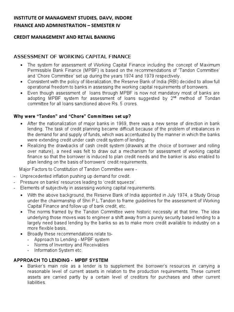 Assessment of Working Capital Finance: An Analysis of the Tandon ...