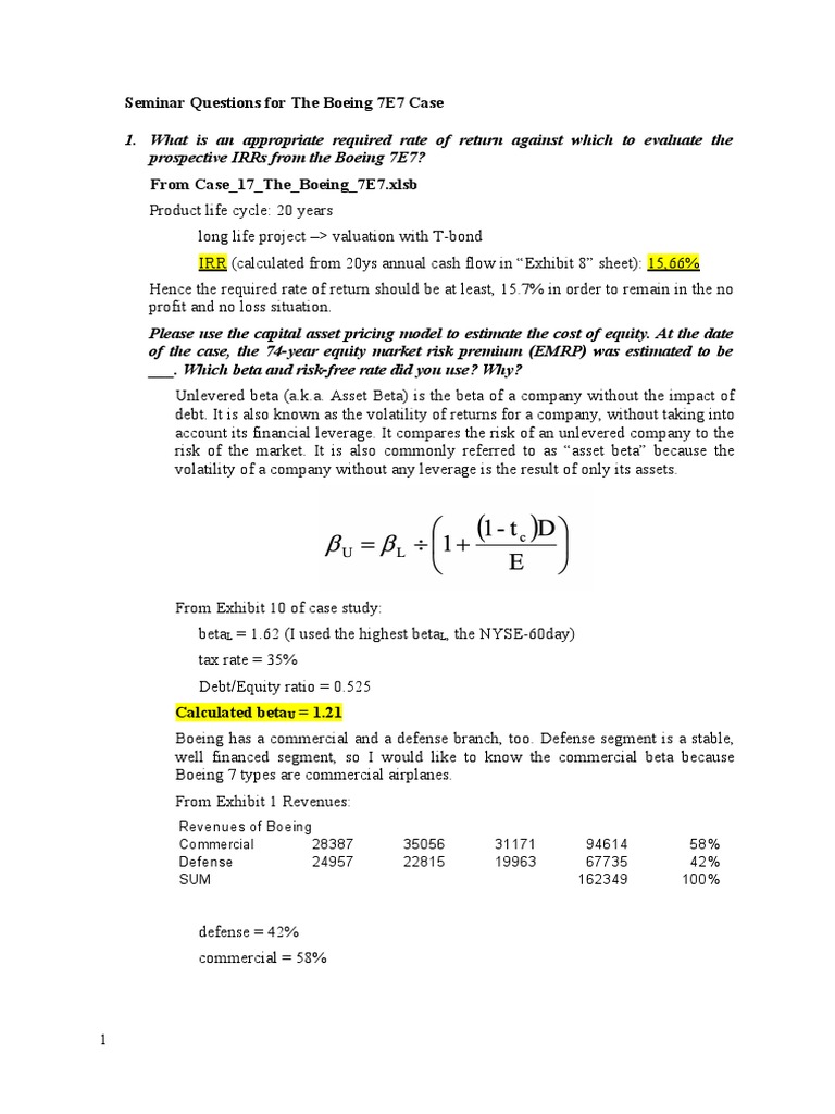Week 3 - The Boeing 7E7 | PDF | Beta (Finance) | Discounted Cash Flow