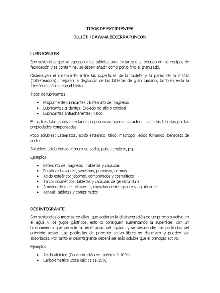 Tipos de Excipientes | PDF | Tableta (Farmacia) | Sustancias químicas
