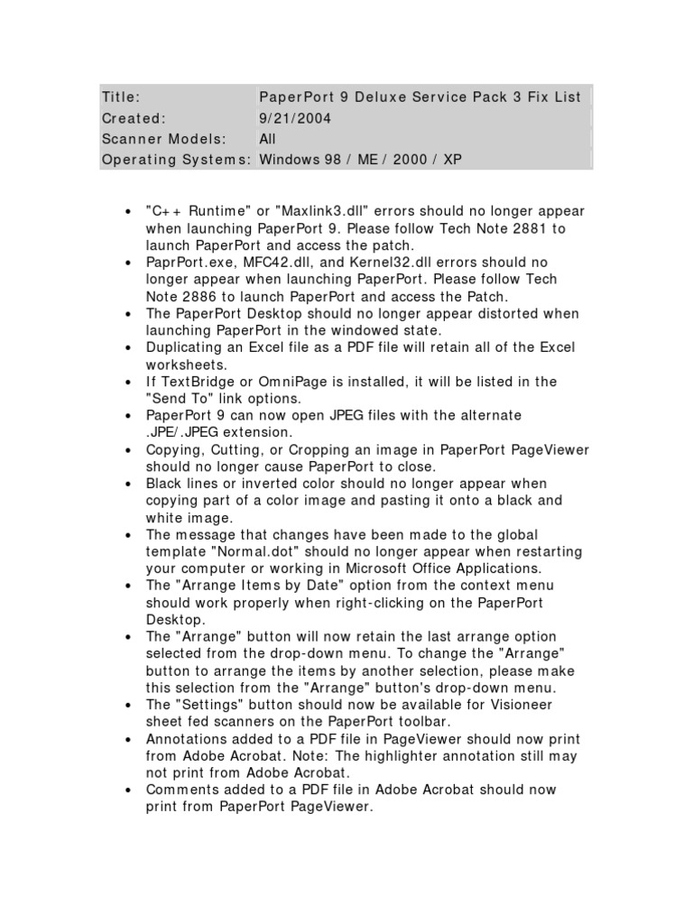 PaperPort 9 Deluxe SP3 Fixes List | PDF | Image Scanner | Microsoft Windows