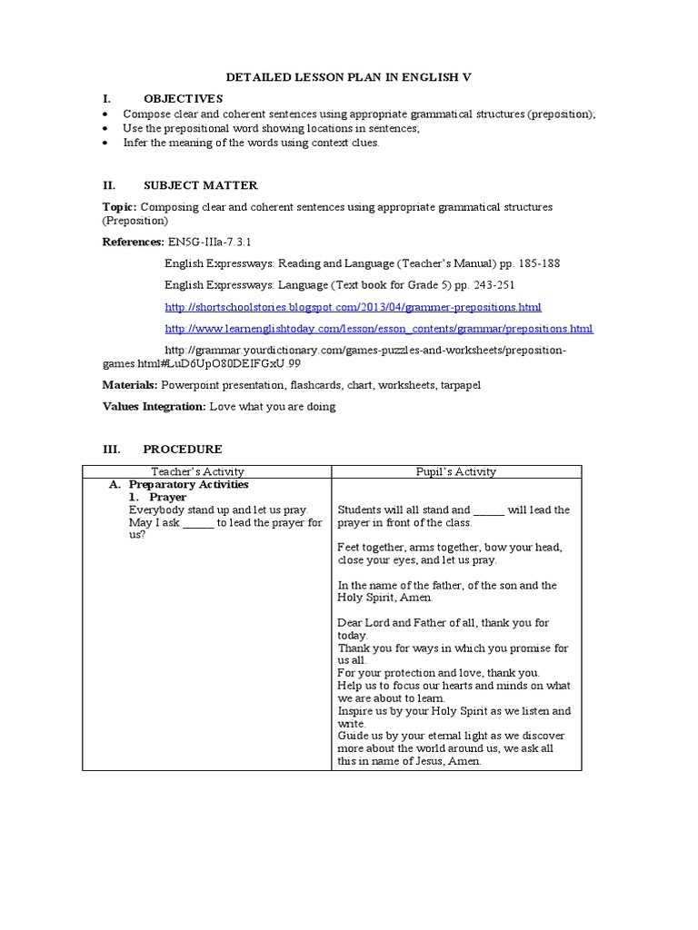 Grade 5 Preposition Lesson Plan | PDF | Prayer | Lesson Plan