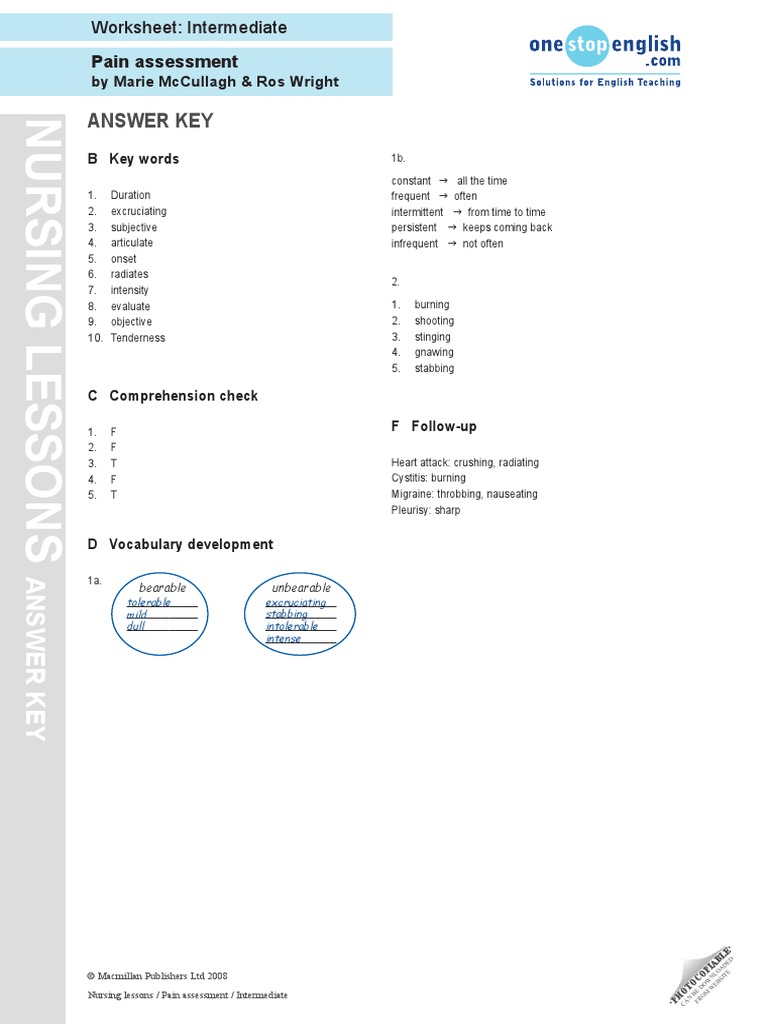 Pain Assessment - Worksheet KEY | PDF | Physiology | Symptoms And Signs ...