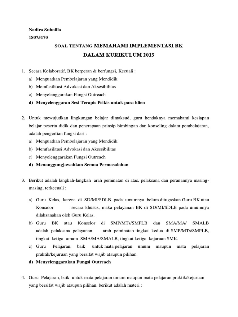 Memahami Implementasi BK Dalam Kurikulum 2013: Nadira Suhailla 18075170 Soal Tentang | PDF