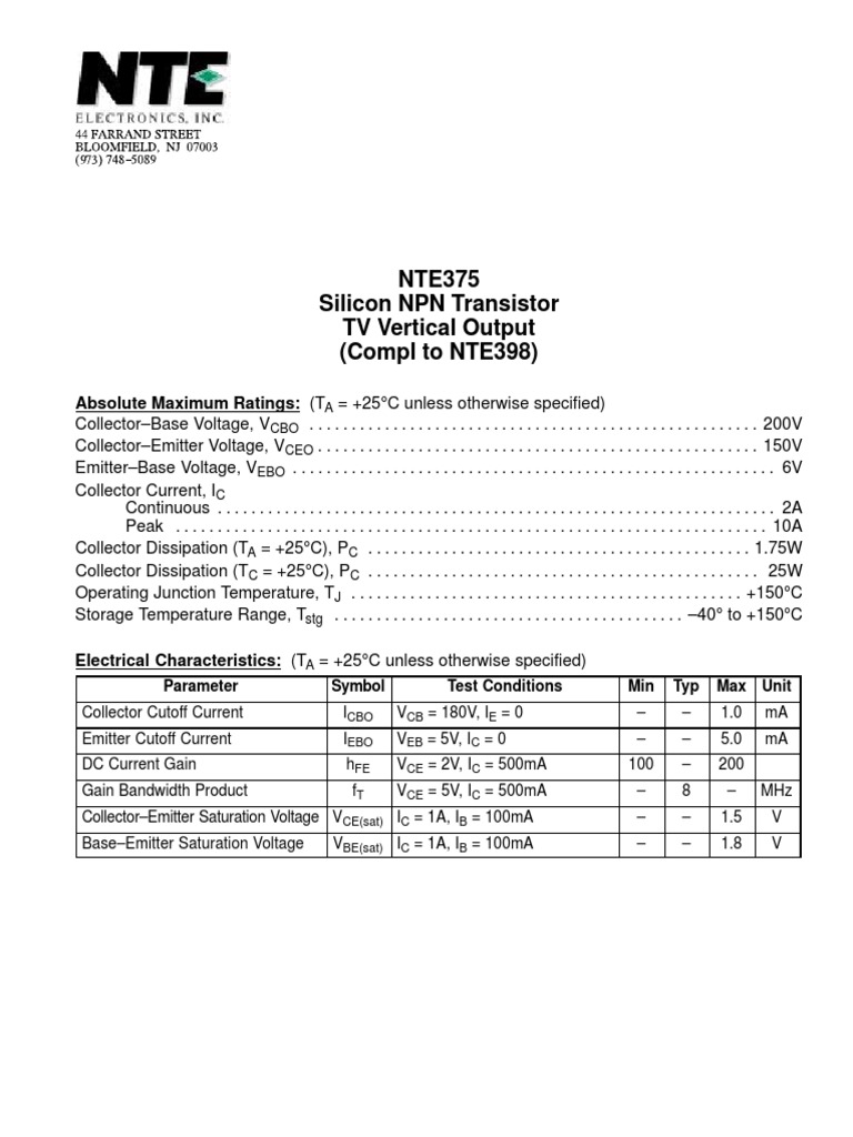 Nte375 PDF | PDF | Bipolar Junction Transistor | Electrical Equipment